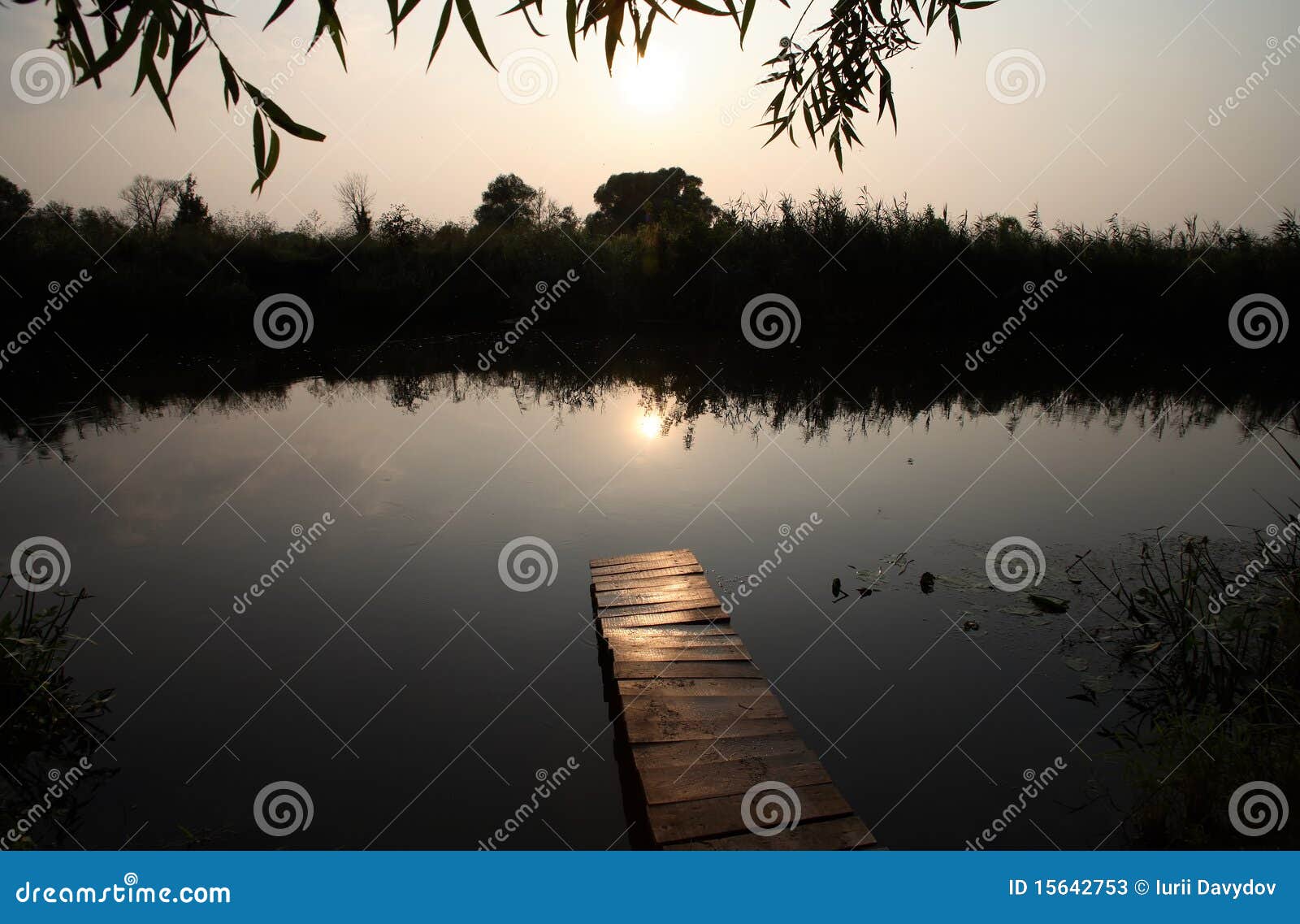 Sunset at Coast of the Lake and Small Bridge Stock Image - Image of ...
