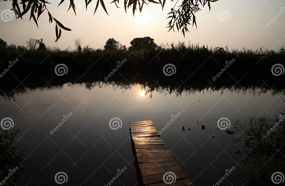 Sunset at Coast of the Lake and Small Bridge Stock Image - Image of ...