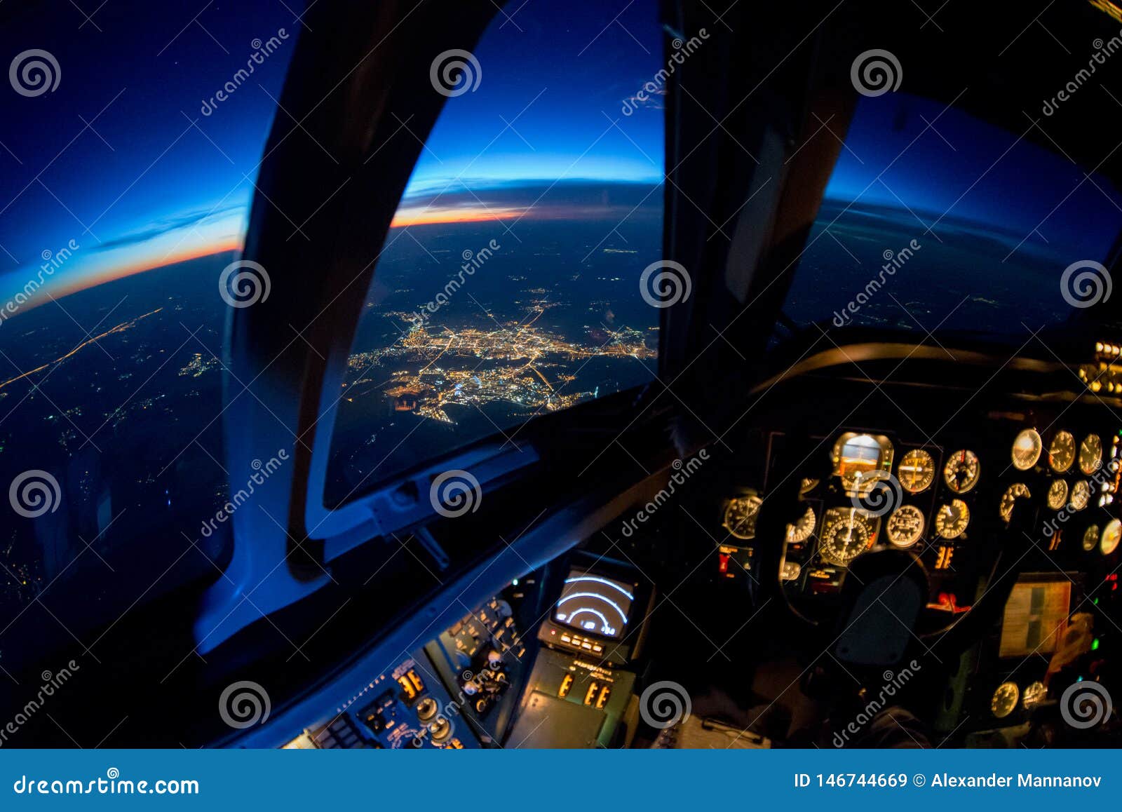 Sunset from the cockpit. stock image. Image of devices - 146744669