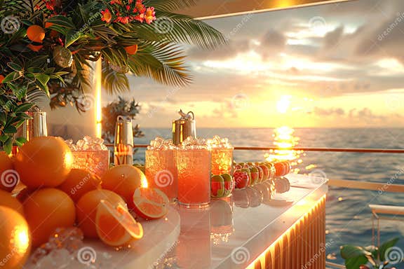 Sunset Cocktail Party On Tropical Beach With Festive Fruit And Drink Setup Stock Image Image