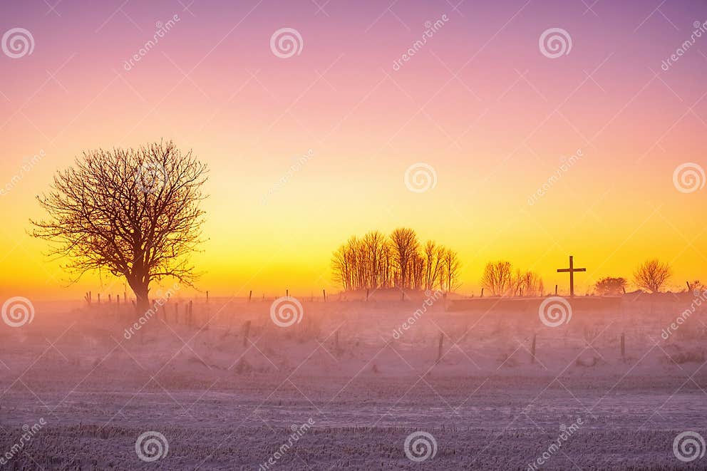 Sunset and Cold Mist in a Wintry Landscape Stock Image - Image of dawn ...