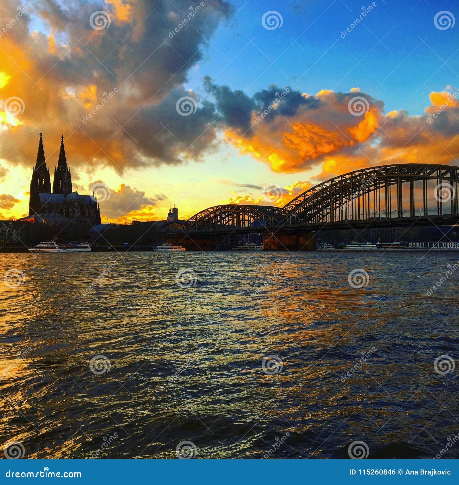 Sunset in Cologne, Germany stock photo. Image of river - 115260846