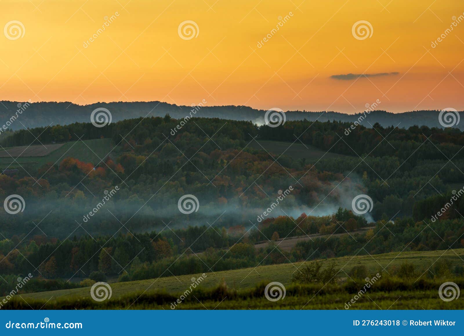 Sunset Colors Over Forests and Fields, Smoke Over Trees Stock Photo ...