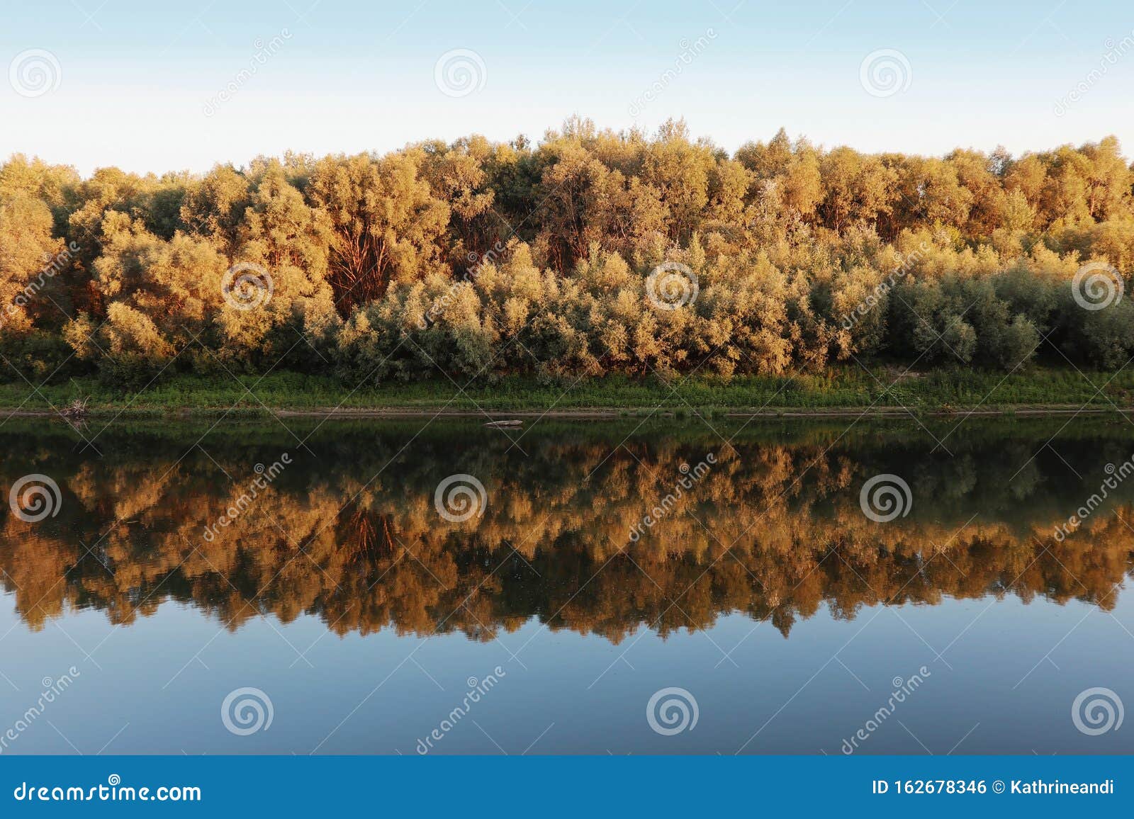 Sunset Colors Trees Reflection in Mirror Water River Stock Photo ...