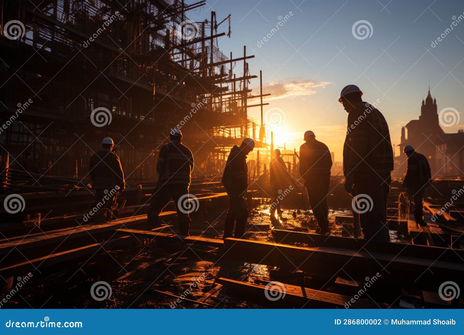 At Sunset, Construction Site Silhouettes Include Crane and Diligent ...
