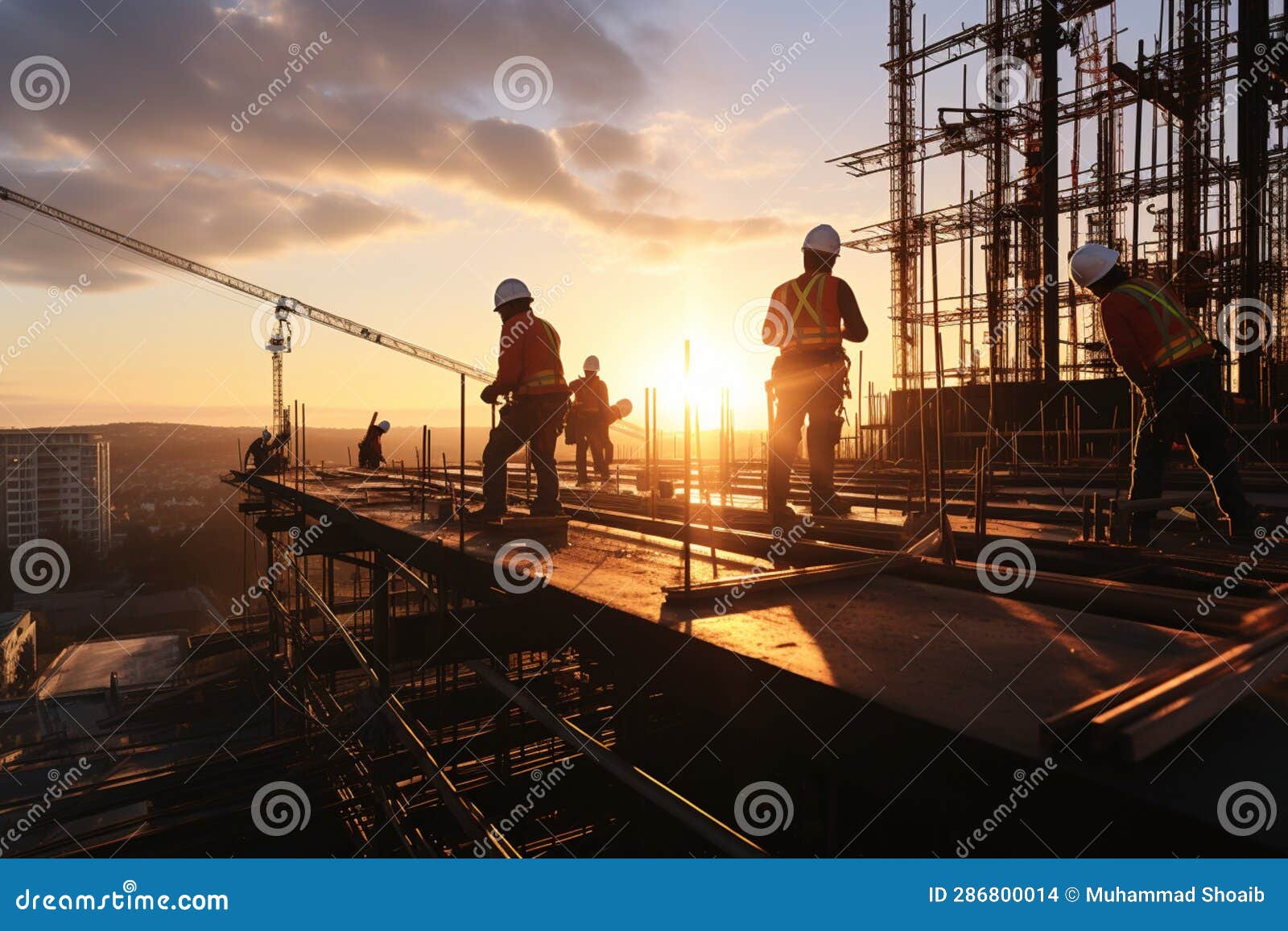 At Sunset, Construction Site Silhouettes Include Crane and Diligent ...