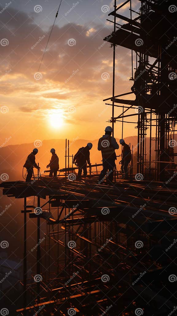 At Sunset, Construction Site Silhouettes Include Crane and Diligent ...