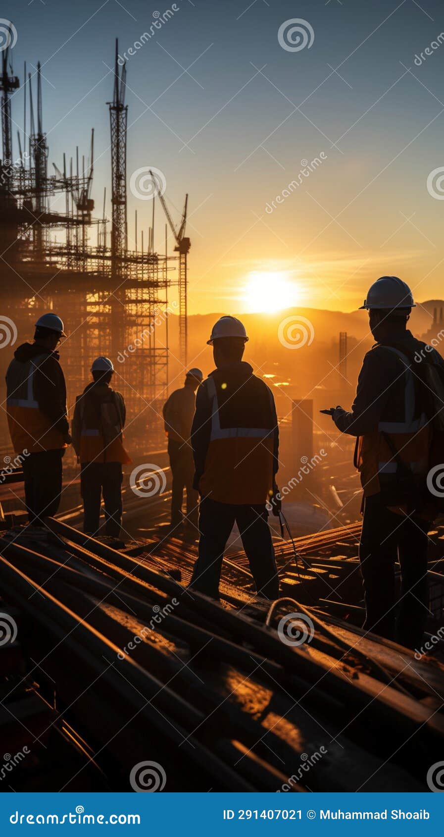 At Sunset, Construction Site Silhouettes Include Crane and Diligent ...