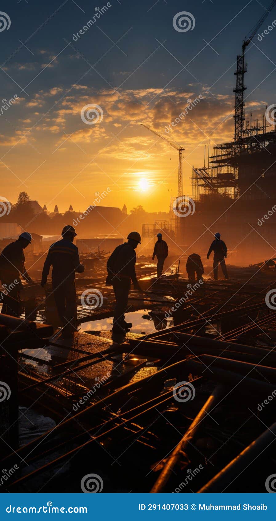 At Sunset, Construction Site Silhouettes Include Crane and Diligent ...