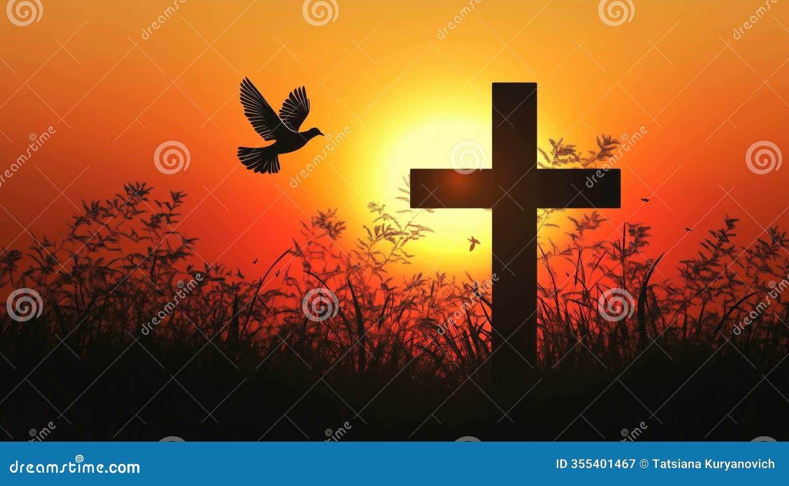Sunset Cross Silhouette with Flying Dove, Grass, and Vibrant Sky Stock ...