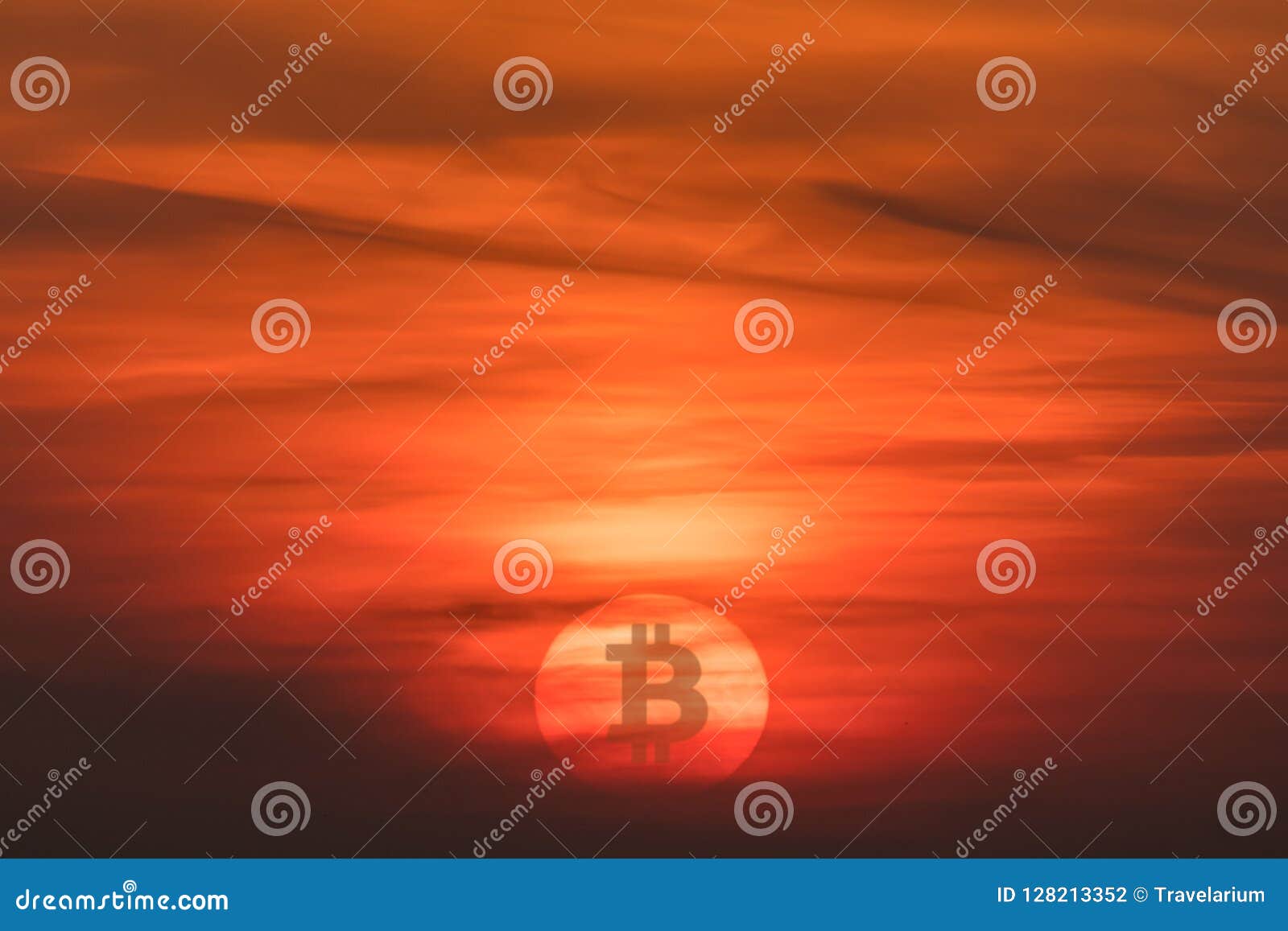 Sunset with Crypto Currency Bitcoin Symbol on the Sun. Falling Currency ...