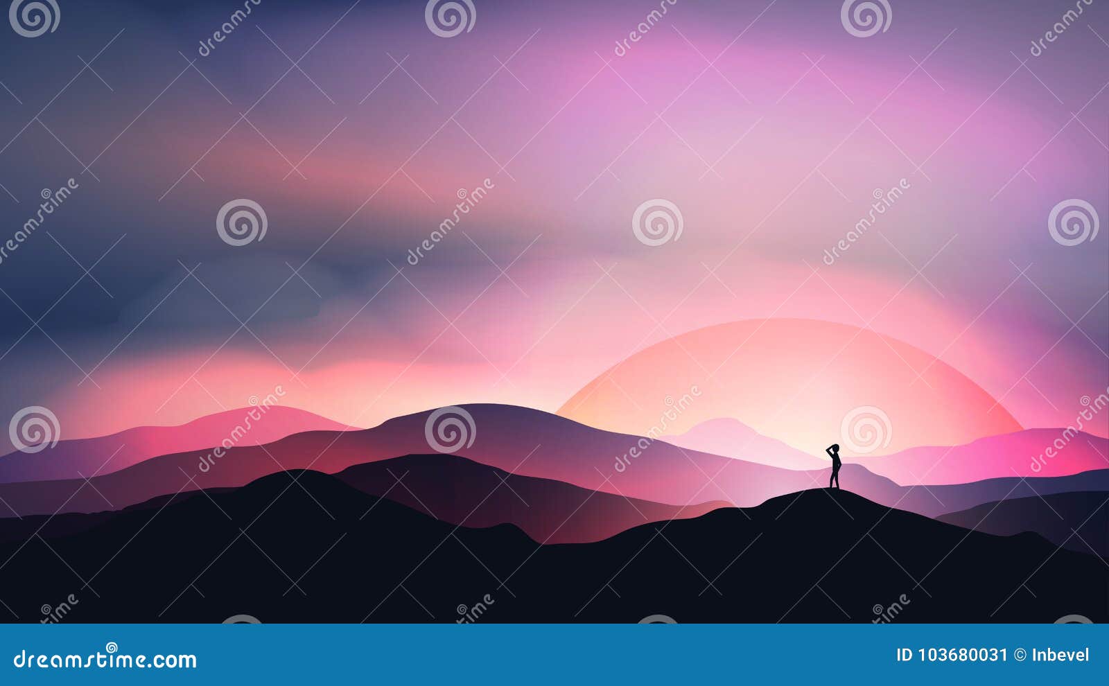 Sunset or Dawn Over Mountains with Man Staring into the Distance Stock ...