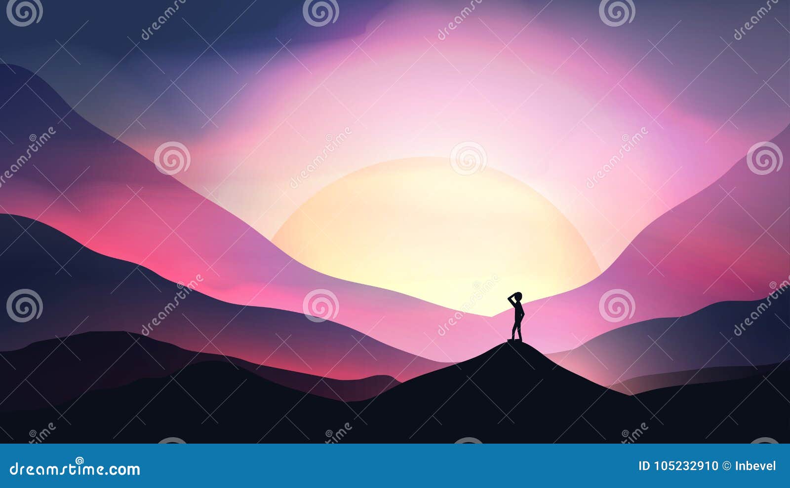 Sunset or Dawn Over Mountains with Man Staring into the Distance Stock ...