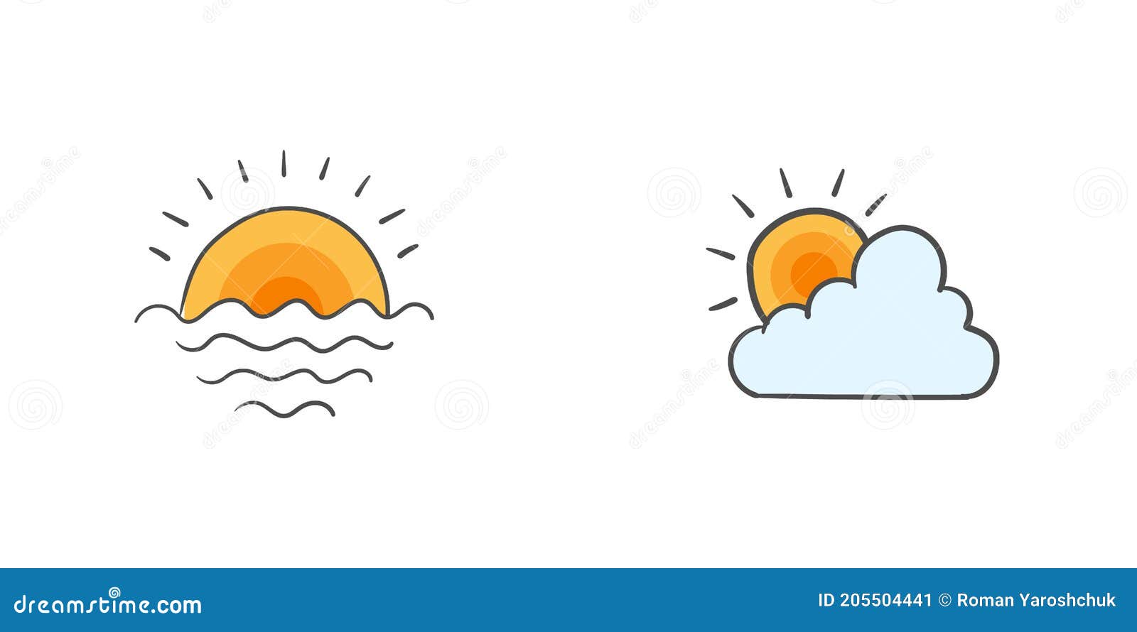 Sunset Doodle. Cloud with Sun. Drawn Sun and Cloud on White Background ...