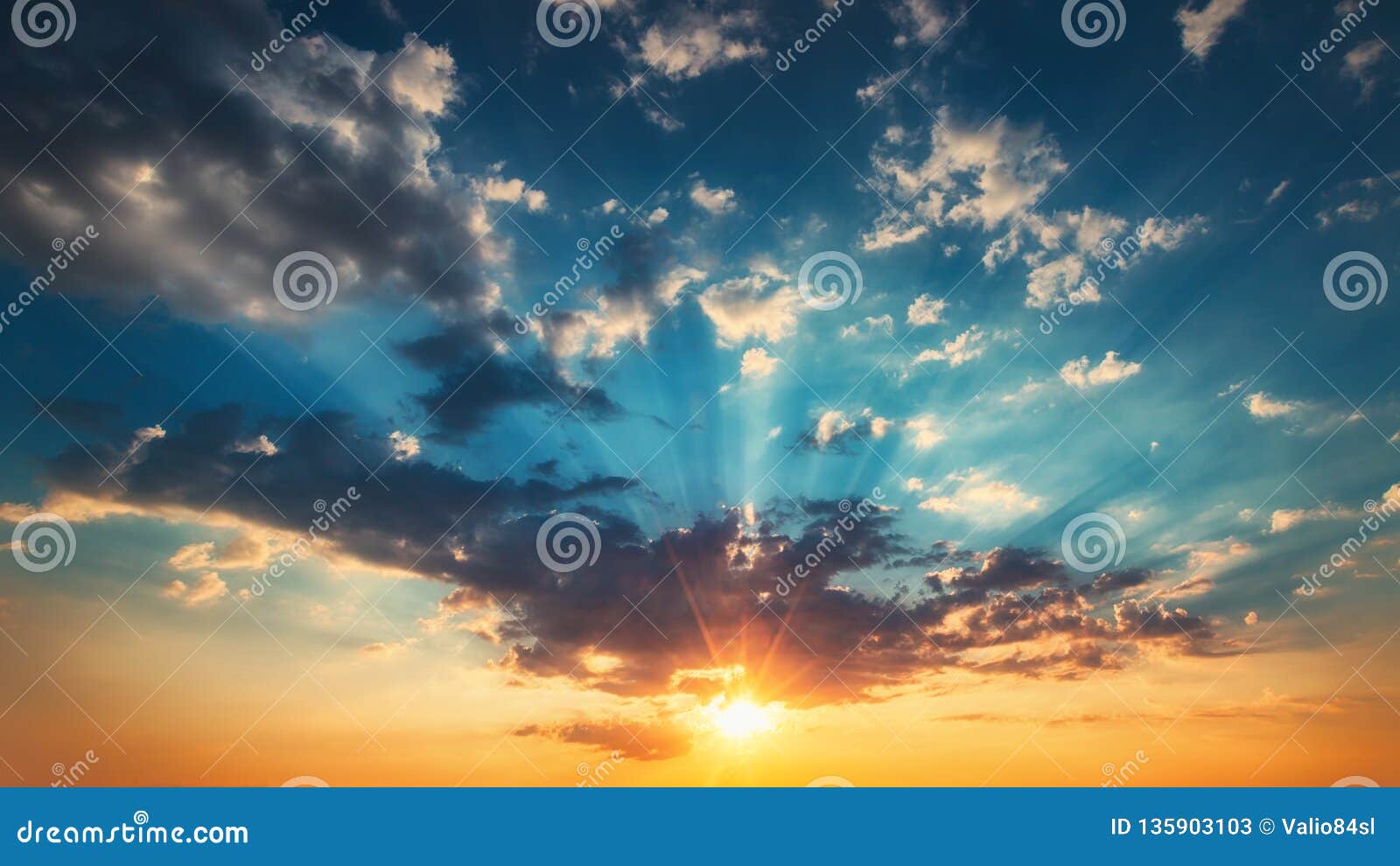 Sunset Dramatic Sky Clouds with Sunbeam Stock Image - Image of blue ...
