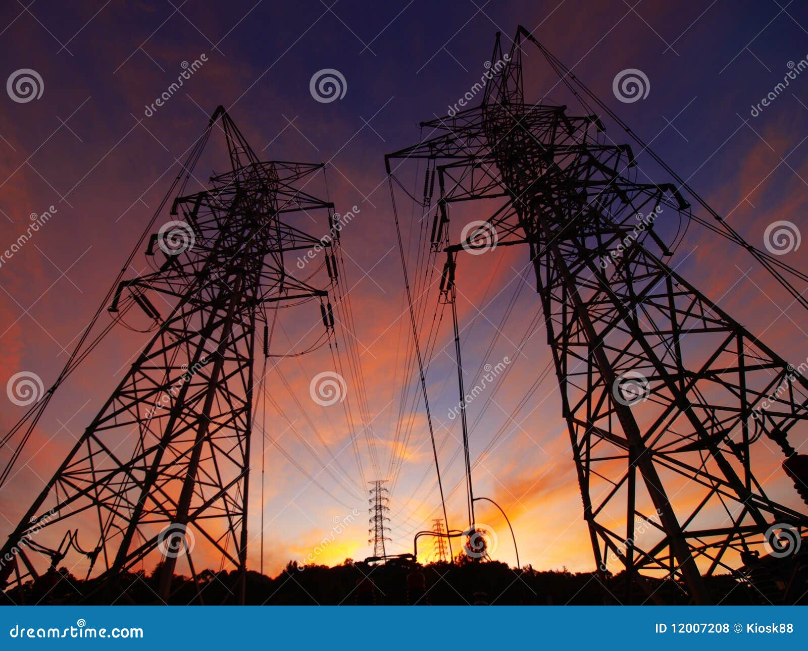 Sunset and electric towers stock photo. Image of blue - 12007208