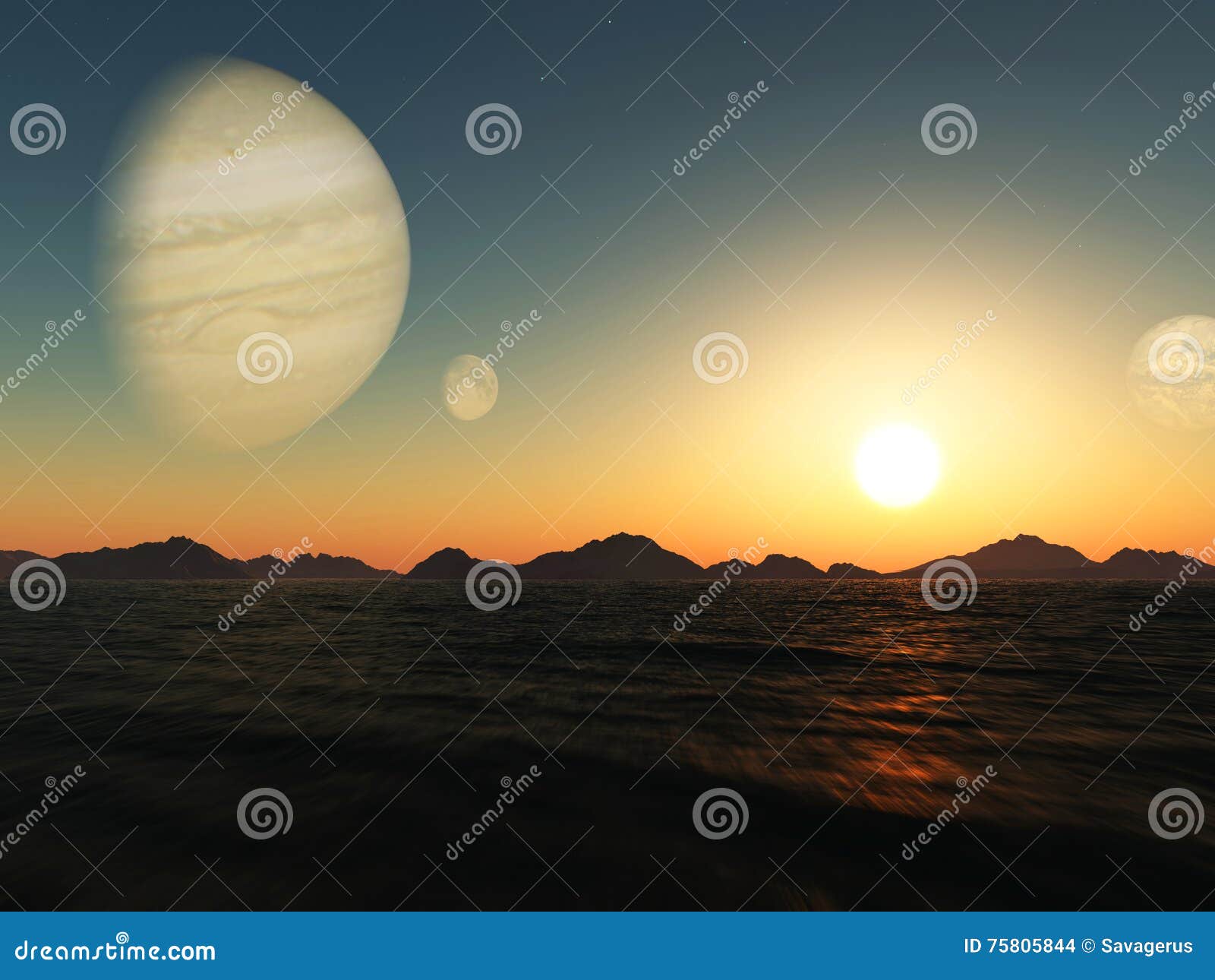 Sunset on Exoplanet. 3D Rendering. Stock Illustration - Illustration of ...