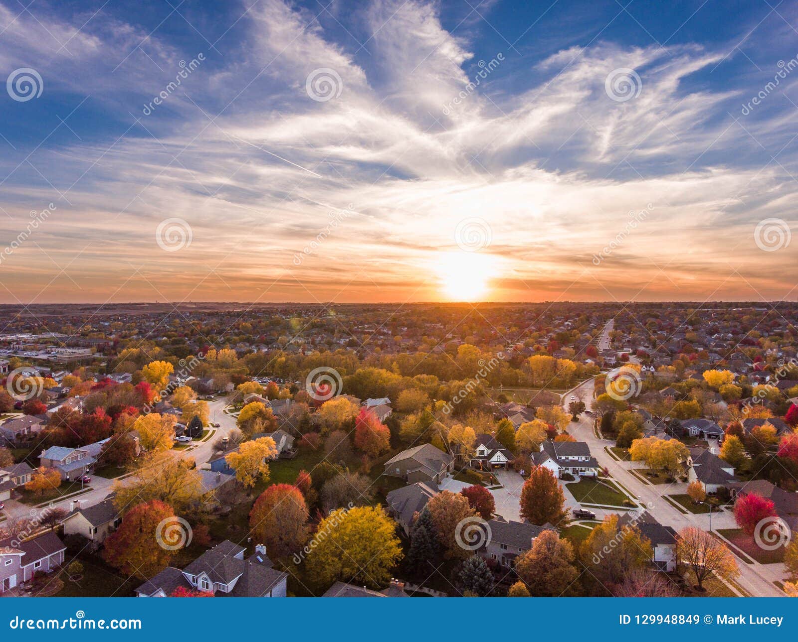 Sunset in the Fall Over the Suburbs Stock Image - Image of flying ...