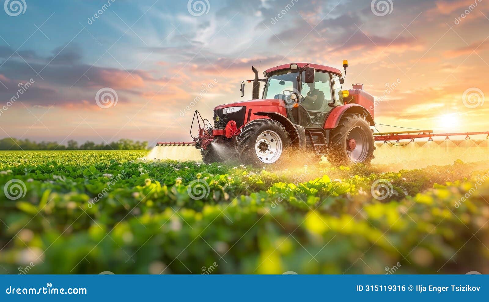 Sunset Farming Tractor Irrigating, Spraying, Or Harvesting Crops With ...
