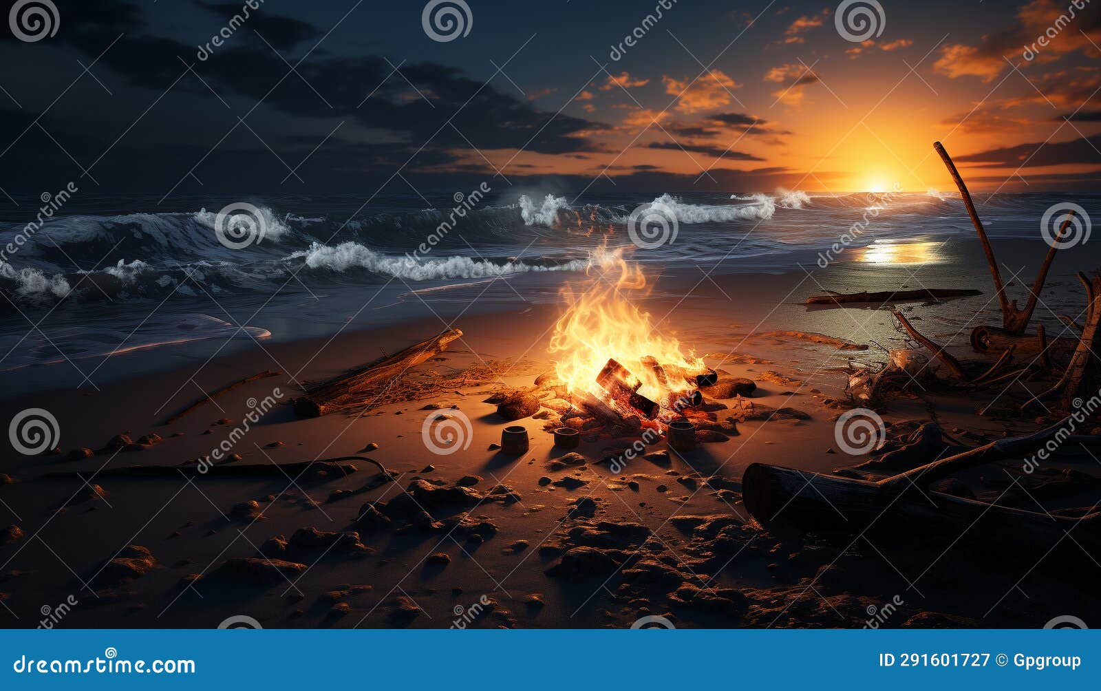 Sunset Flame, Heat Burning, Water Wave, Night Sky Glowing Generated by ...