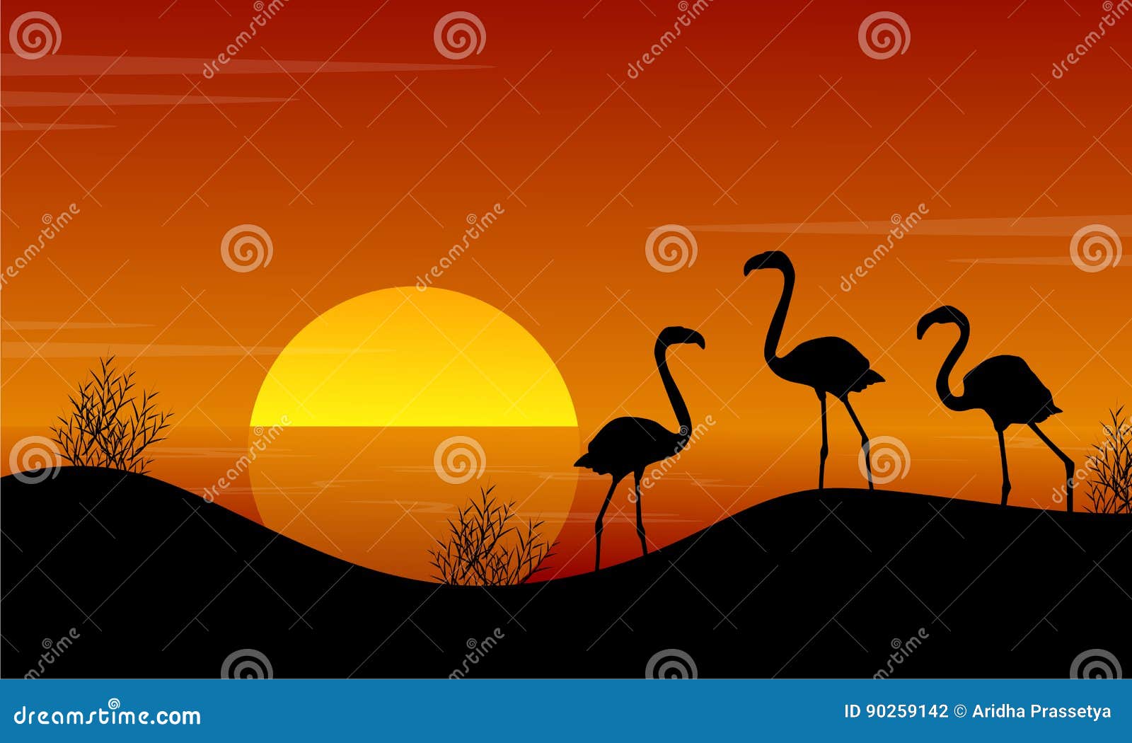 At Sunset Flamingo on Lake Landscape Stock Vector - Illustration of ...