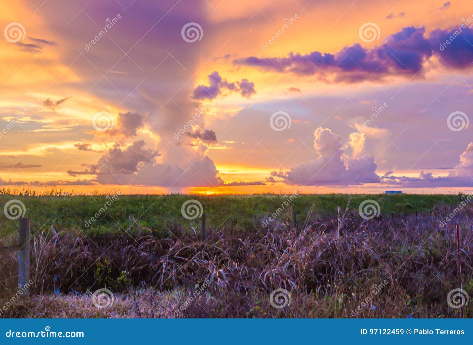 Sunset in the Florida Everglades with a Rain Cloud in the Distance ...