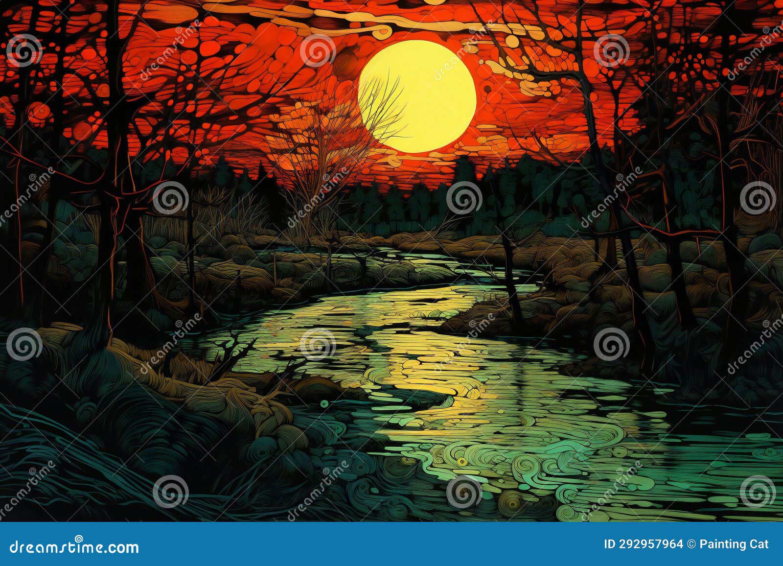Sunset in the forest stock illustration. Illustration of scenery ...