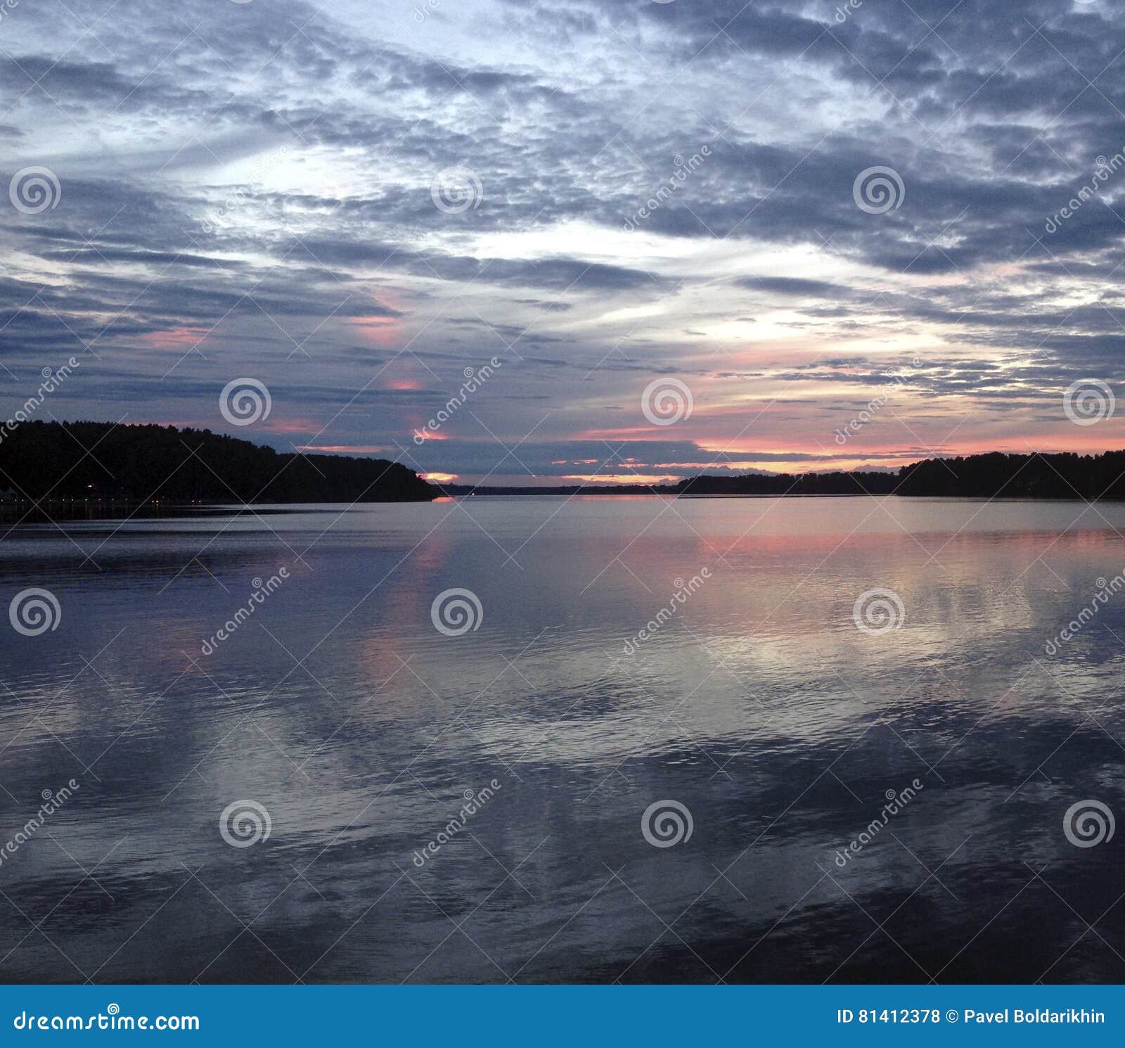 Sunset in forest lake. stock photo. Image of holiday - 81412378