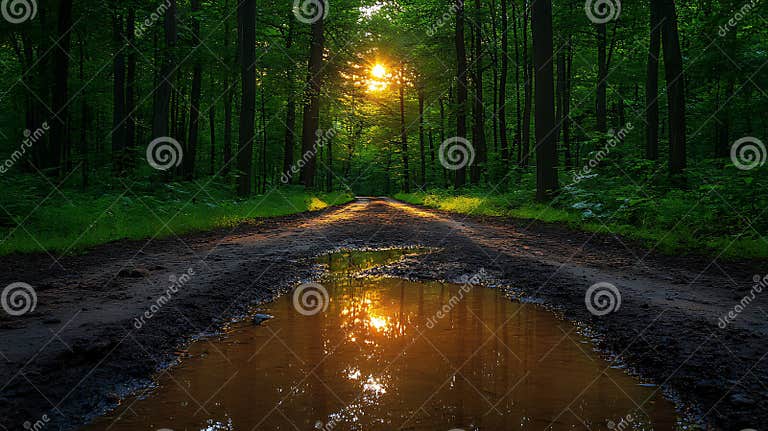 Sunset Forest Path Puddle Reflection Nature Scene Stock Illustration ...