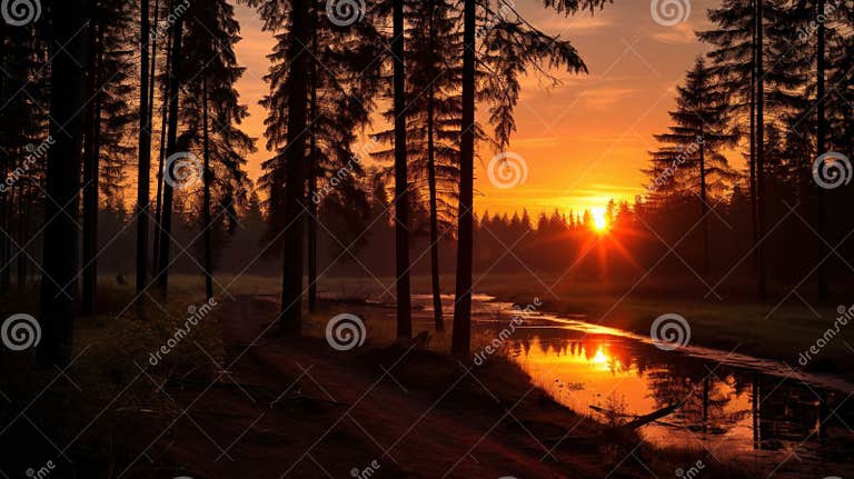 A Sunset in the Forest with a River and Trees, AI Stock Photo - Image ...