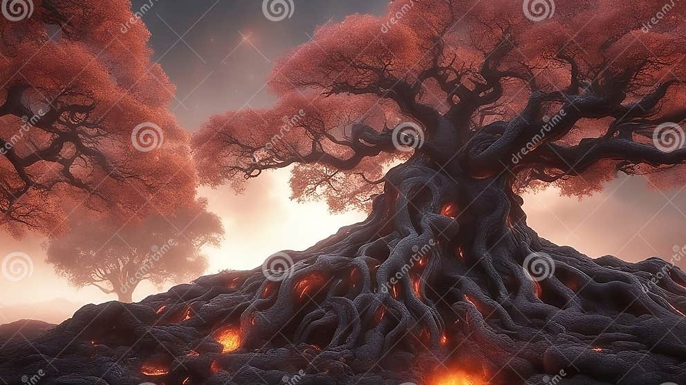 Sunset in the Forest, Tree with Roots Burning from within Ai Created ...