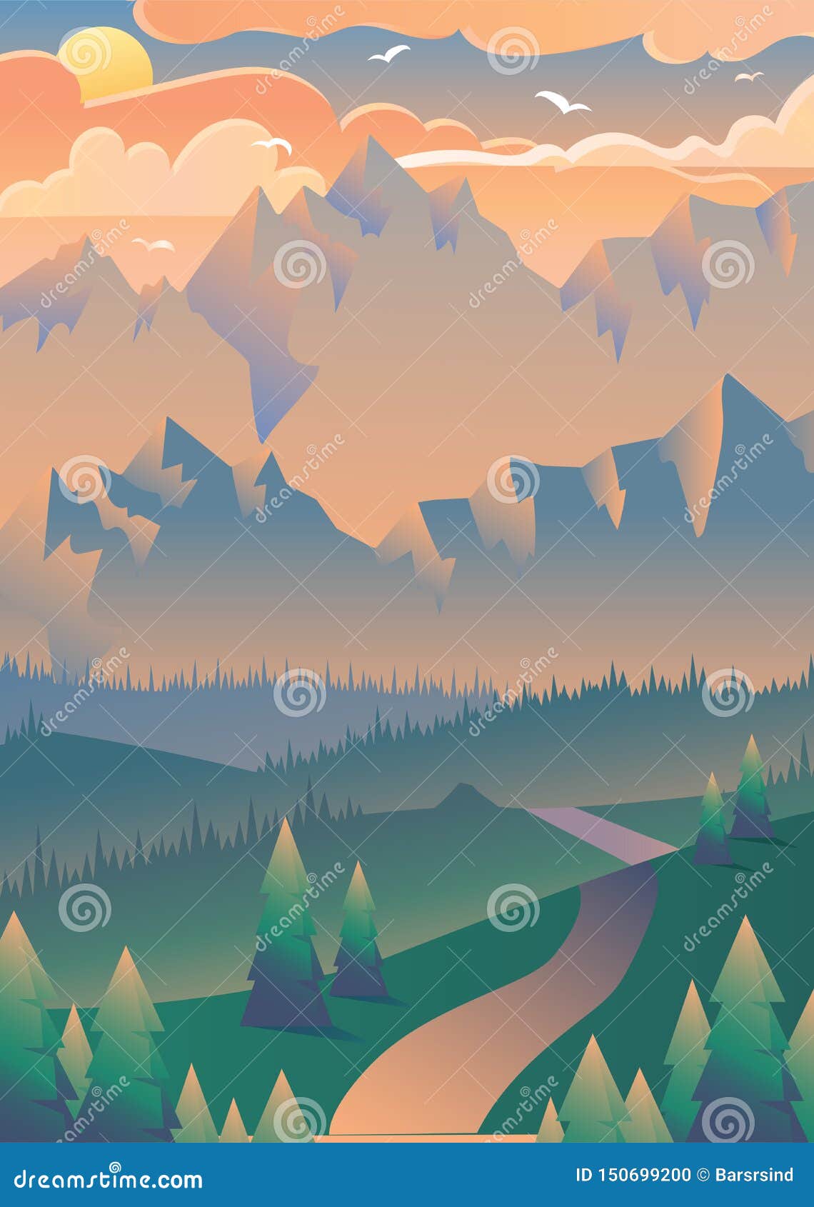 Sunset in Forest Vector Illustration Stock Vector - Illustration of ...