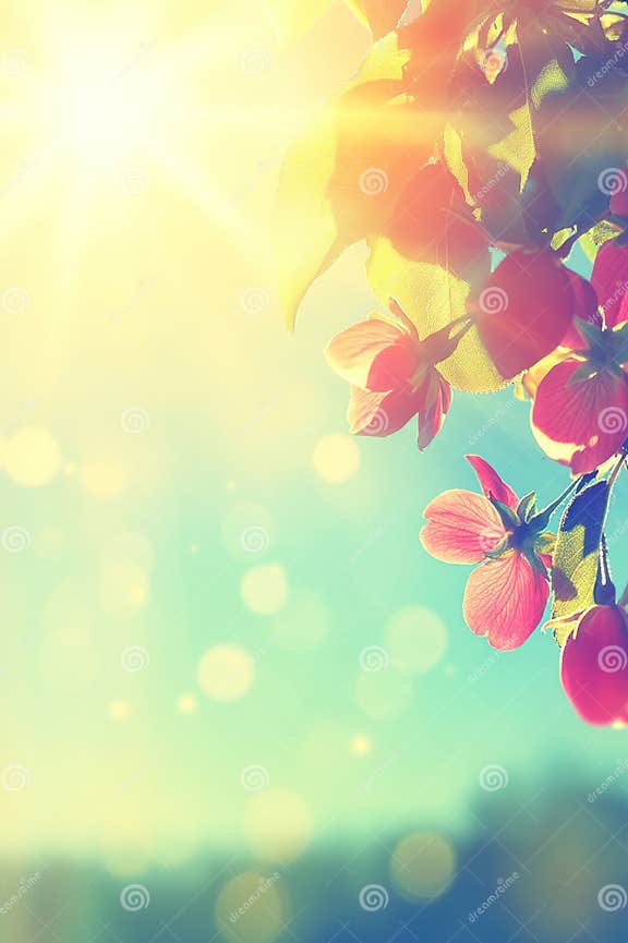 The Sunset Frames a Branch of Tiny White Flowers in Spring. Background ...