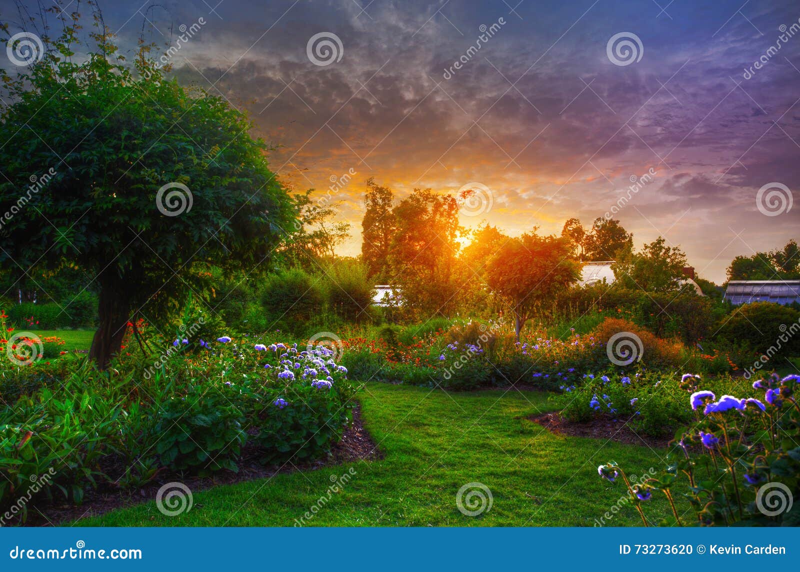 Sunset in the garden stock photo. Image of trees, landscape - 73273620
