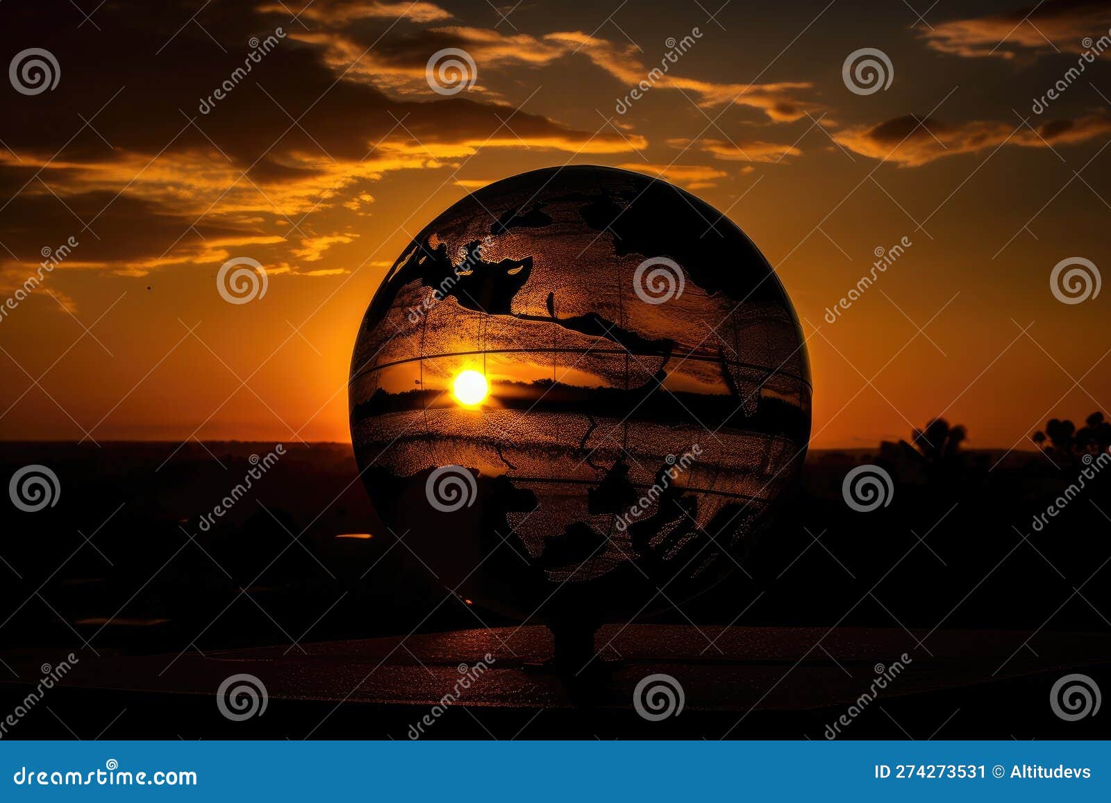 Sunset, with the Globe and Its Continents in Silhouette Stock ...