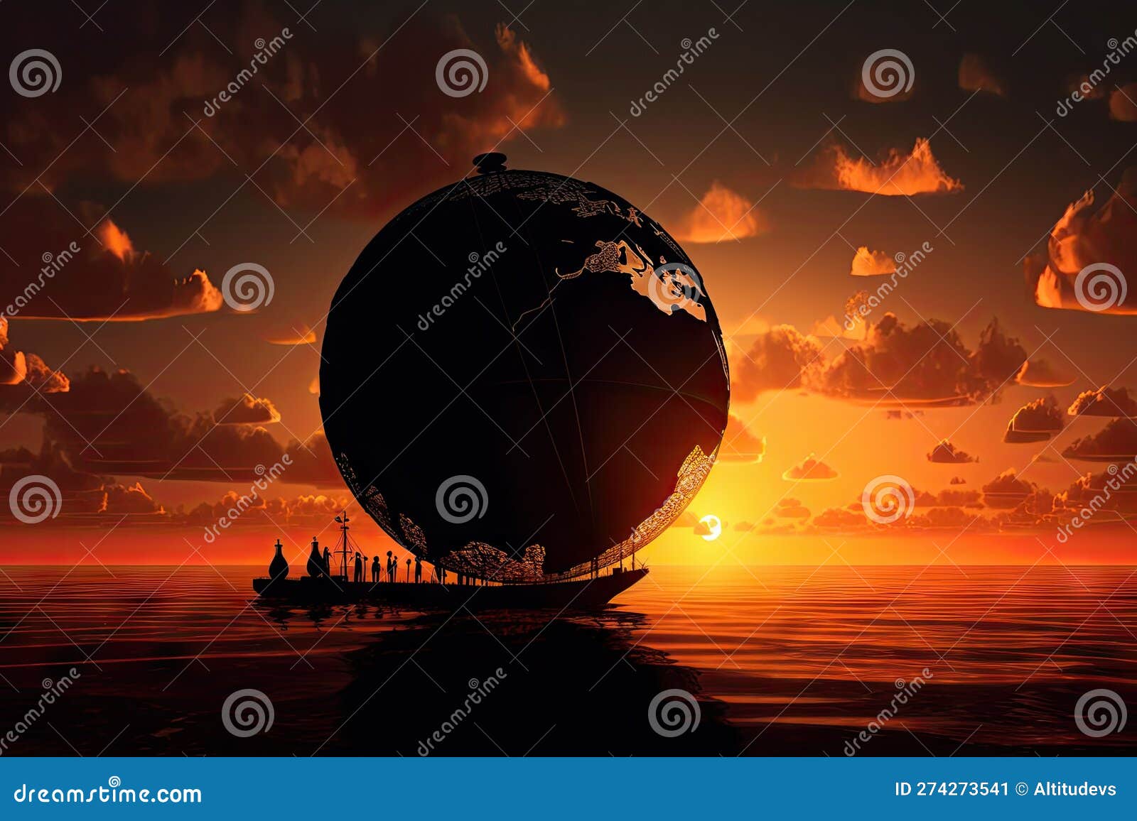 Sunset, with the Globe and Its Continents in Silhouette Stock ...