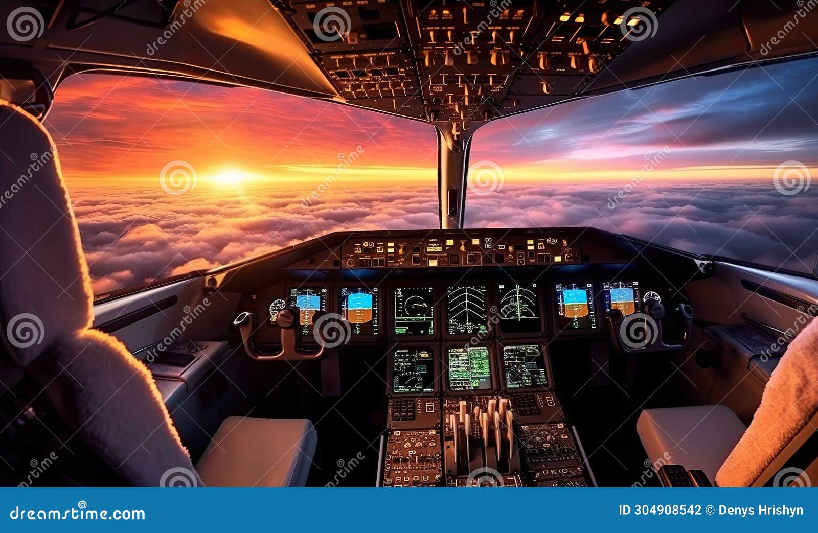 Cockpit Of Plane Inside View, Airplane Flight Deck At Night Airport ...