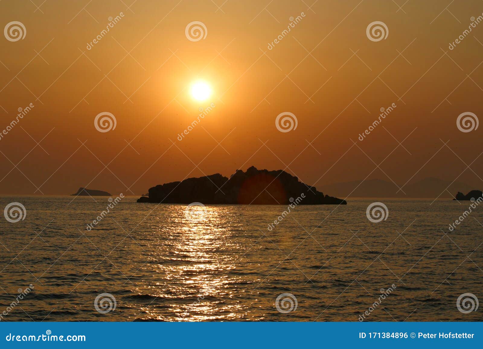 Sunset in Greece with Ocean and Greek Islands Stock Photo - Image of ...