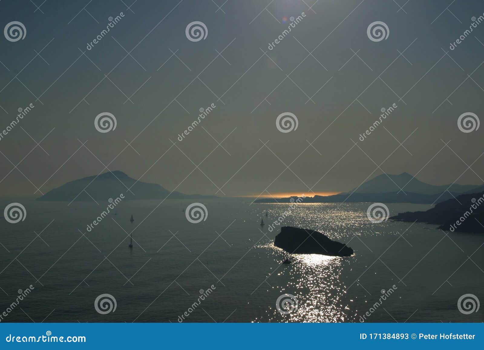 Sunset in Greece with Ocean and Greek Islands Stock Image - Image of ...