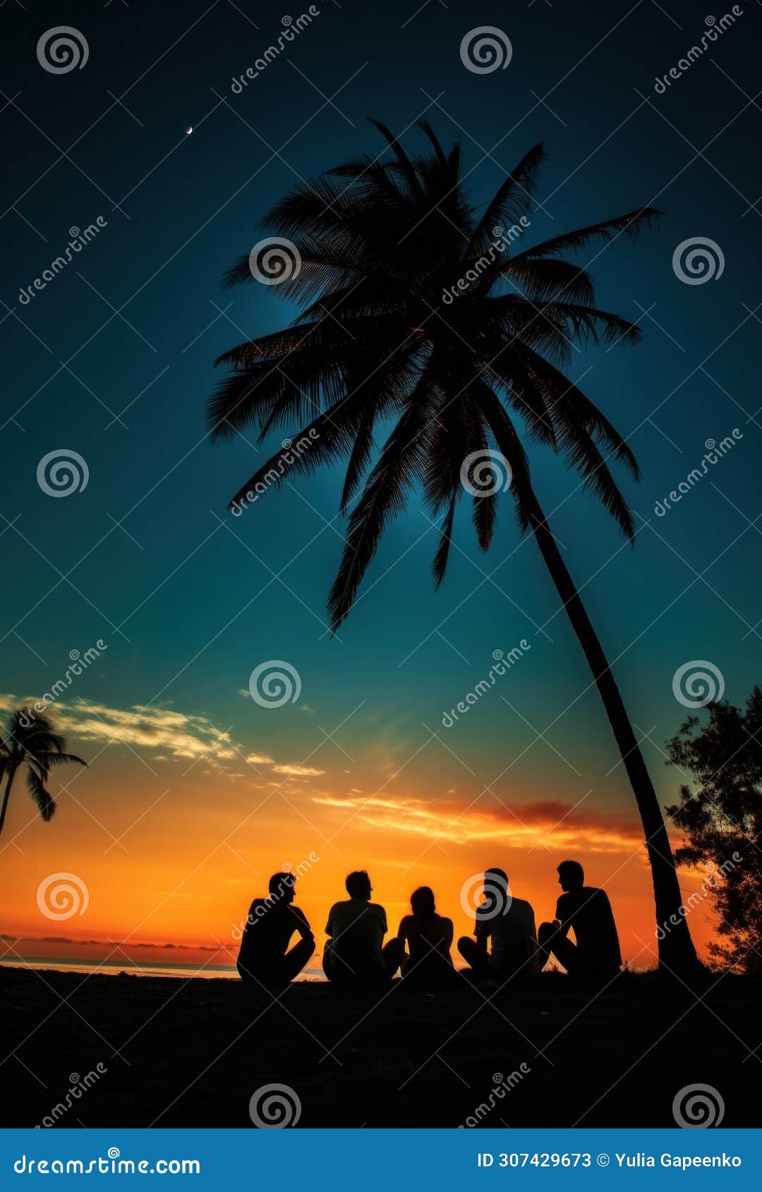 Sunset Group of People by a Palm Tree Stock Image - Image of dusk ...