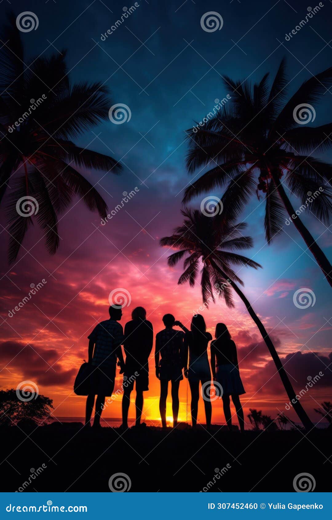 Sunset Group of People by a Palm Tree Stock Photo - Image of beach ...
