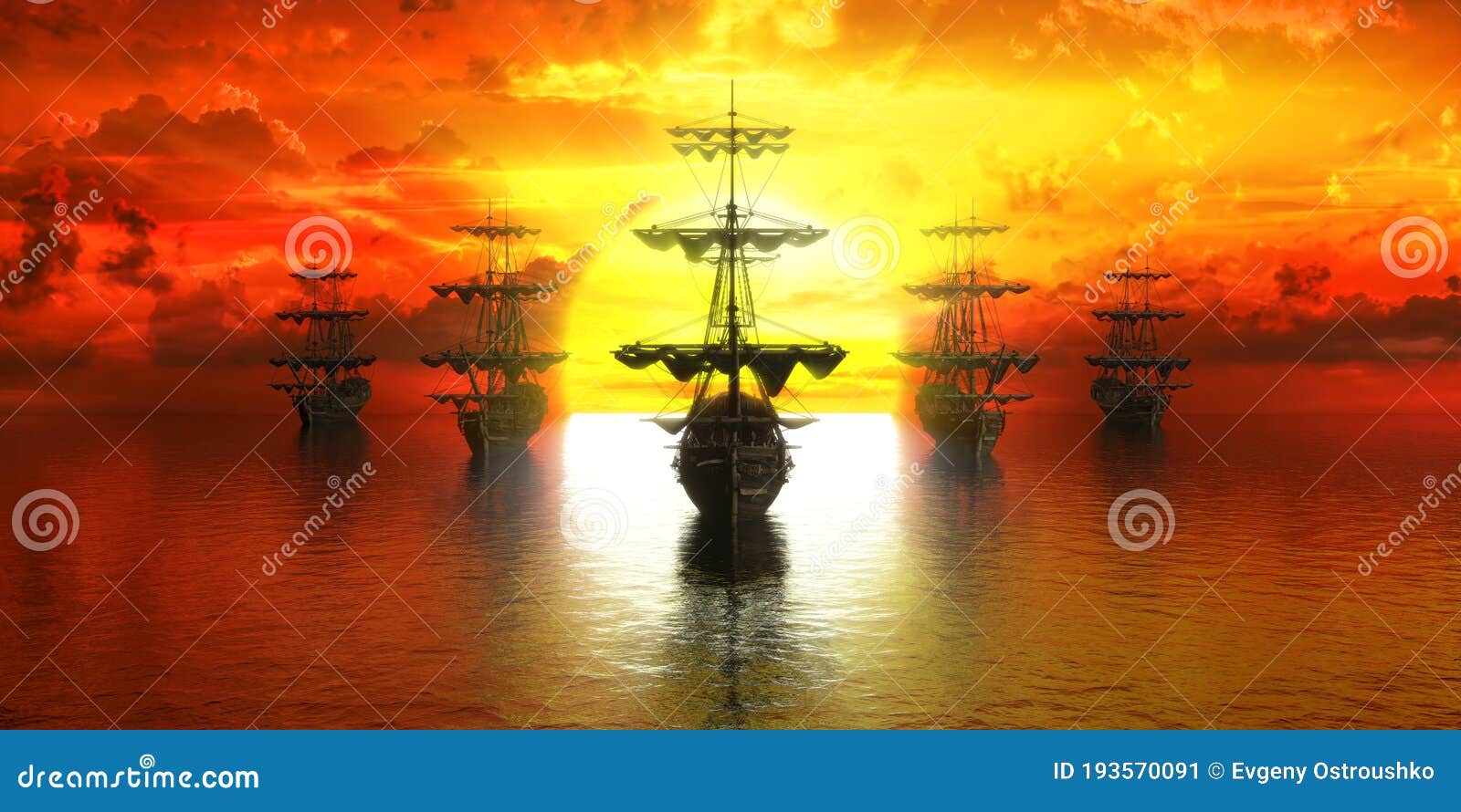 Sunset, Group of Ships Against the Setting Sun Stock Illustration ...
