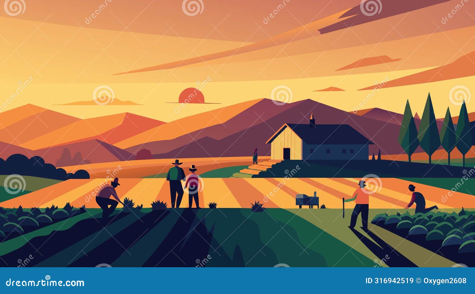 Sunset Harvest: Farm Workers in Idyllic Rural Landscape Stock Image ...