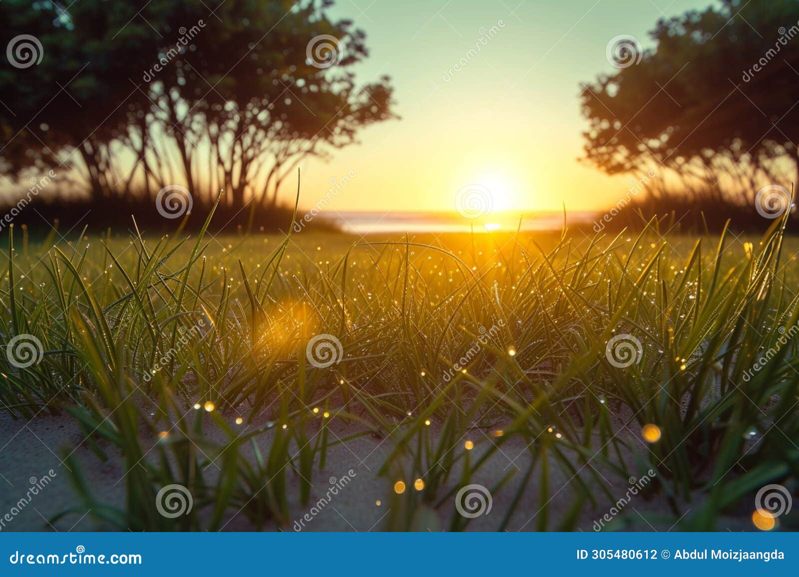 Sunset Hues Transform A Green Grass Scene Into A Tranquil Setting Stock ...