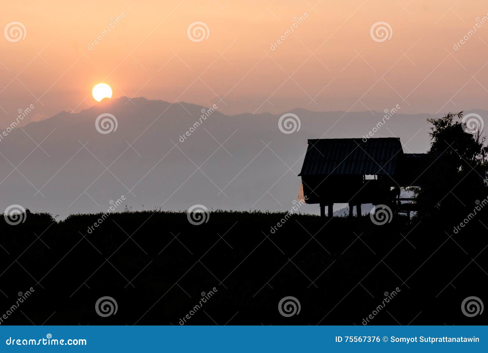 Sunset Hut Silhouette Mountain View Stock Photo - Image of house ...