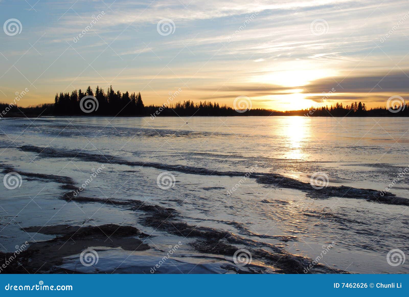 Sunset on the Ice Covered Lake Stock Photo - Image of national, island ...