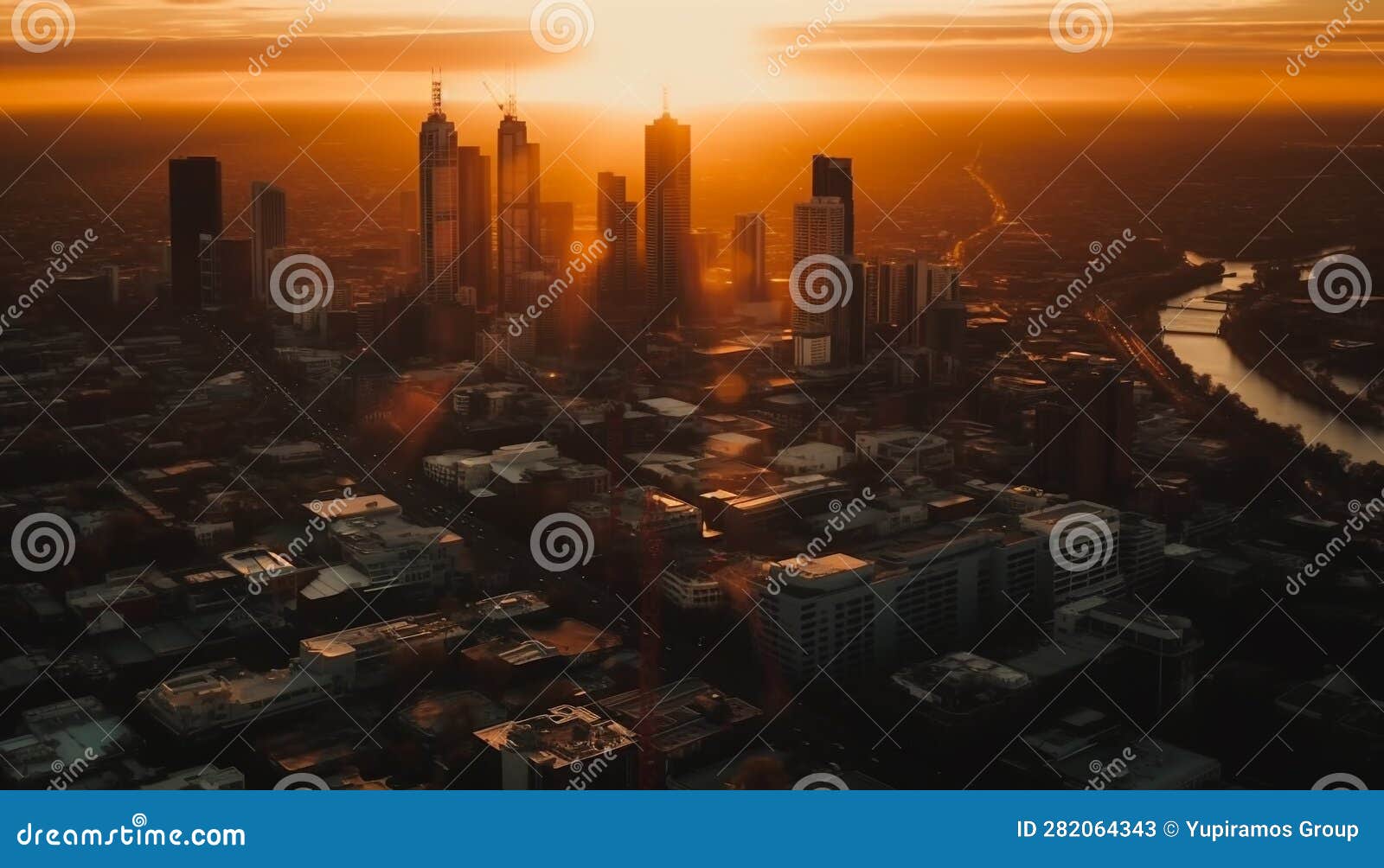 Sunset Illuminates Modern City Skyline, a Panoramic View from High Up ...