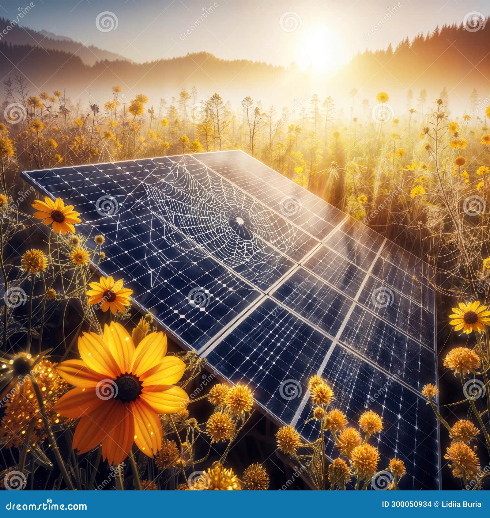 Solar Energy with Sunflowers at Sunset, 3d Render, Generative Ai Stock ...