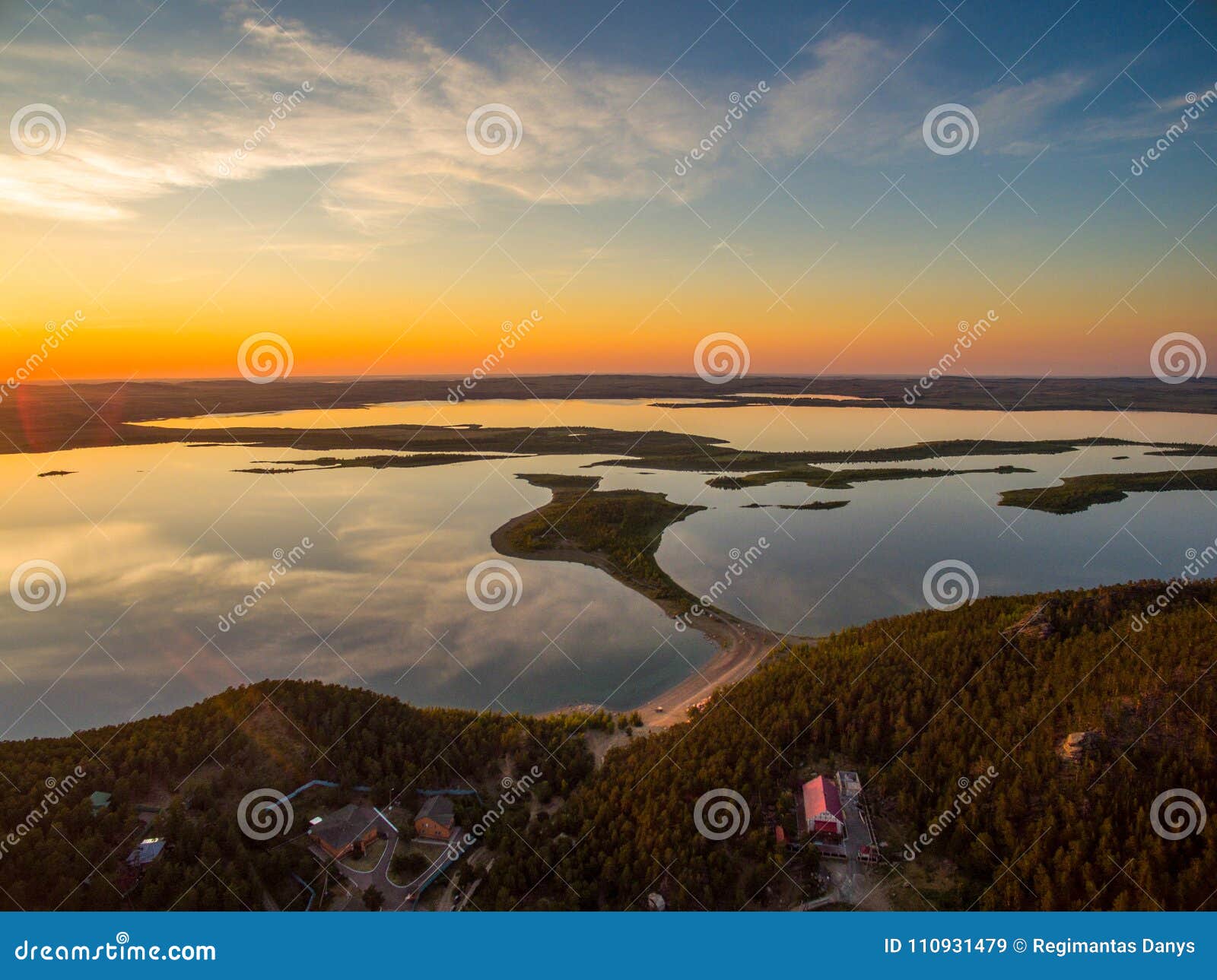Drone Image of Lakes at Sunset with Clouds in Reflection Stock Image ...