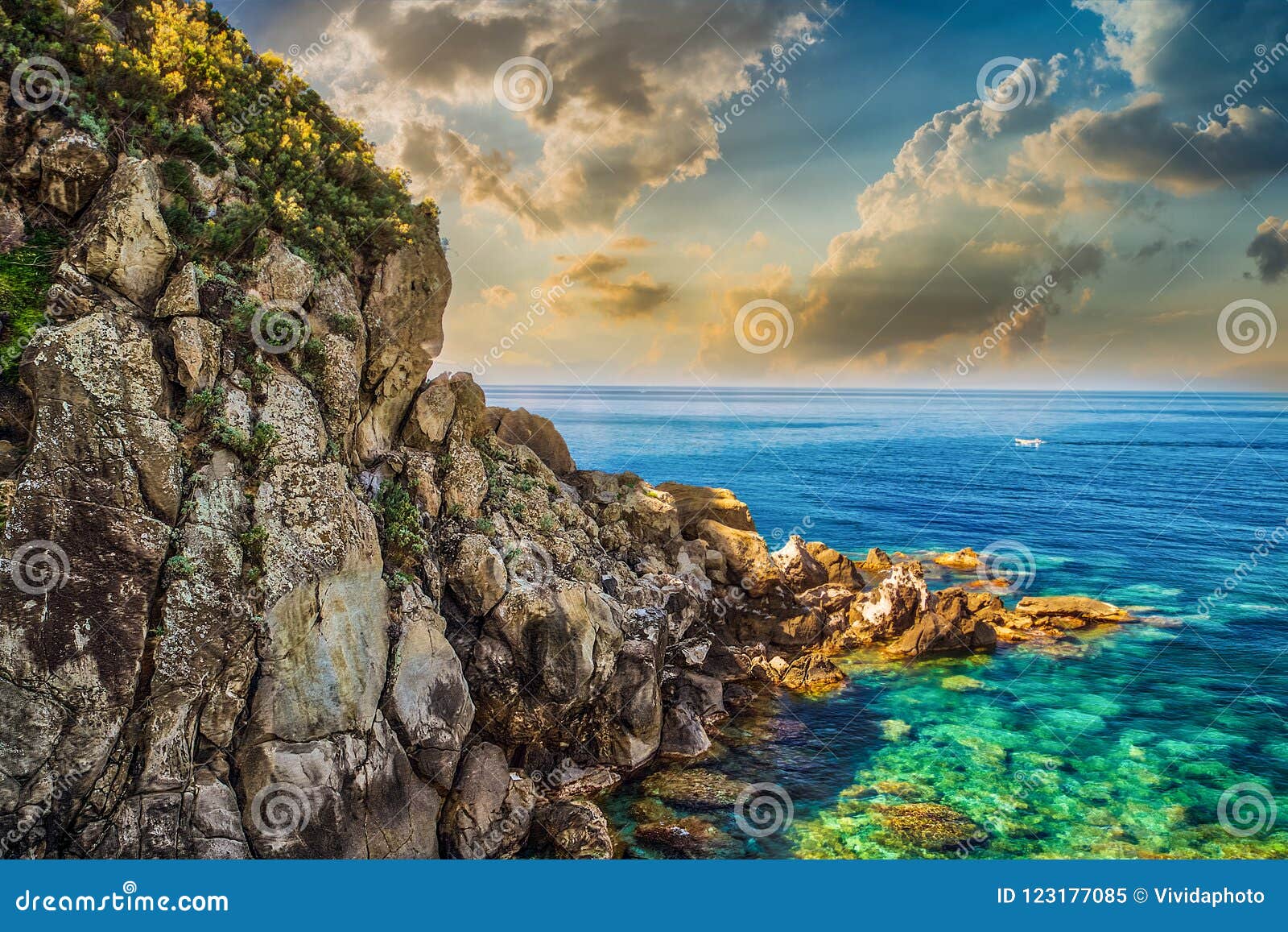 Sunset on Italian sea stock image. Image of rocky, ischia - 123177085